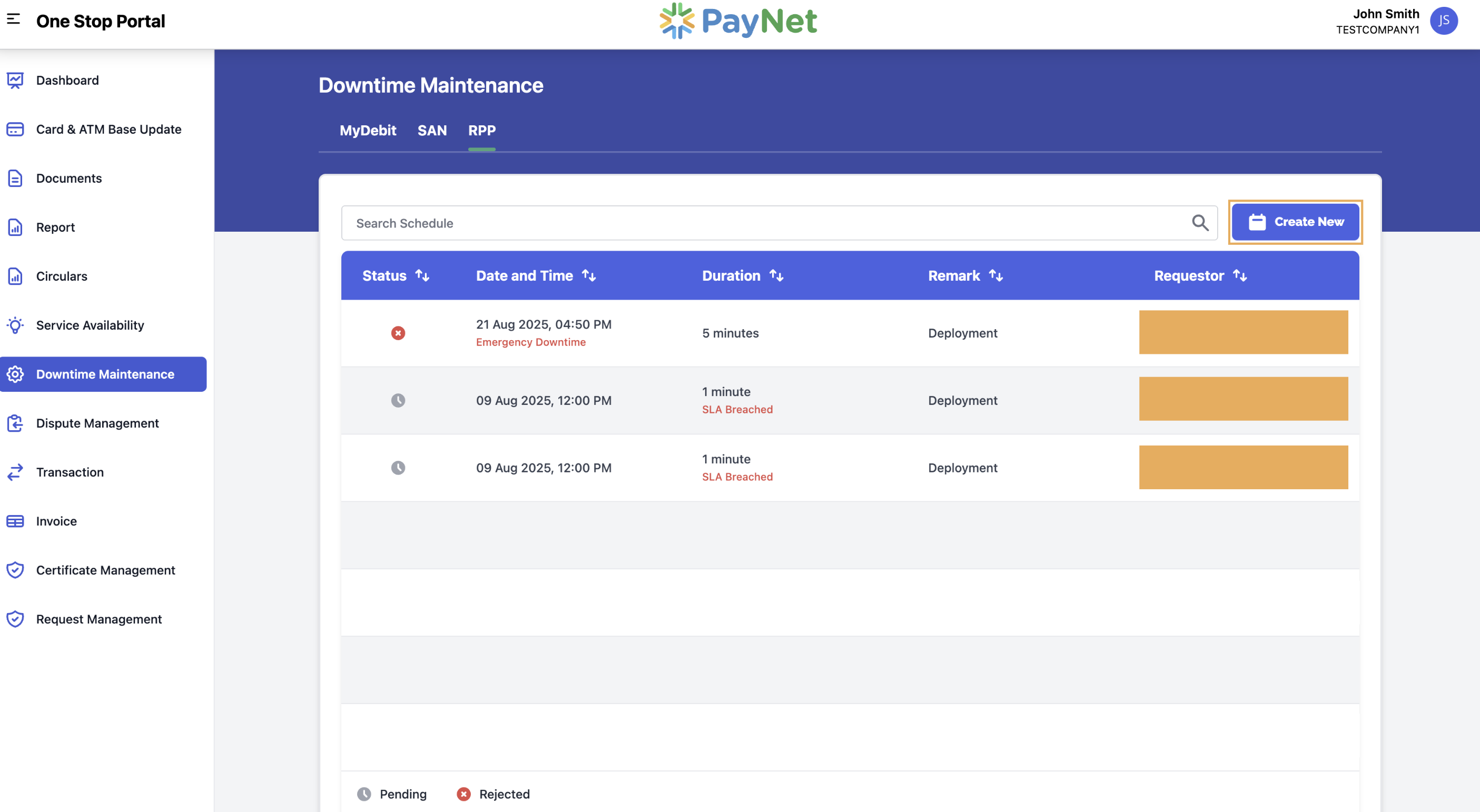 Create an RPP Downtime – PayNet Support