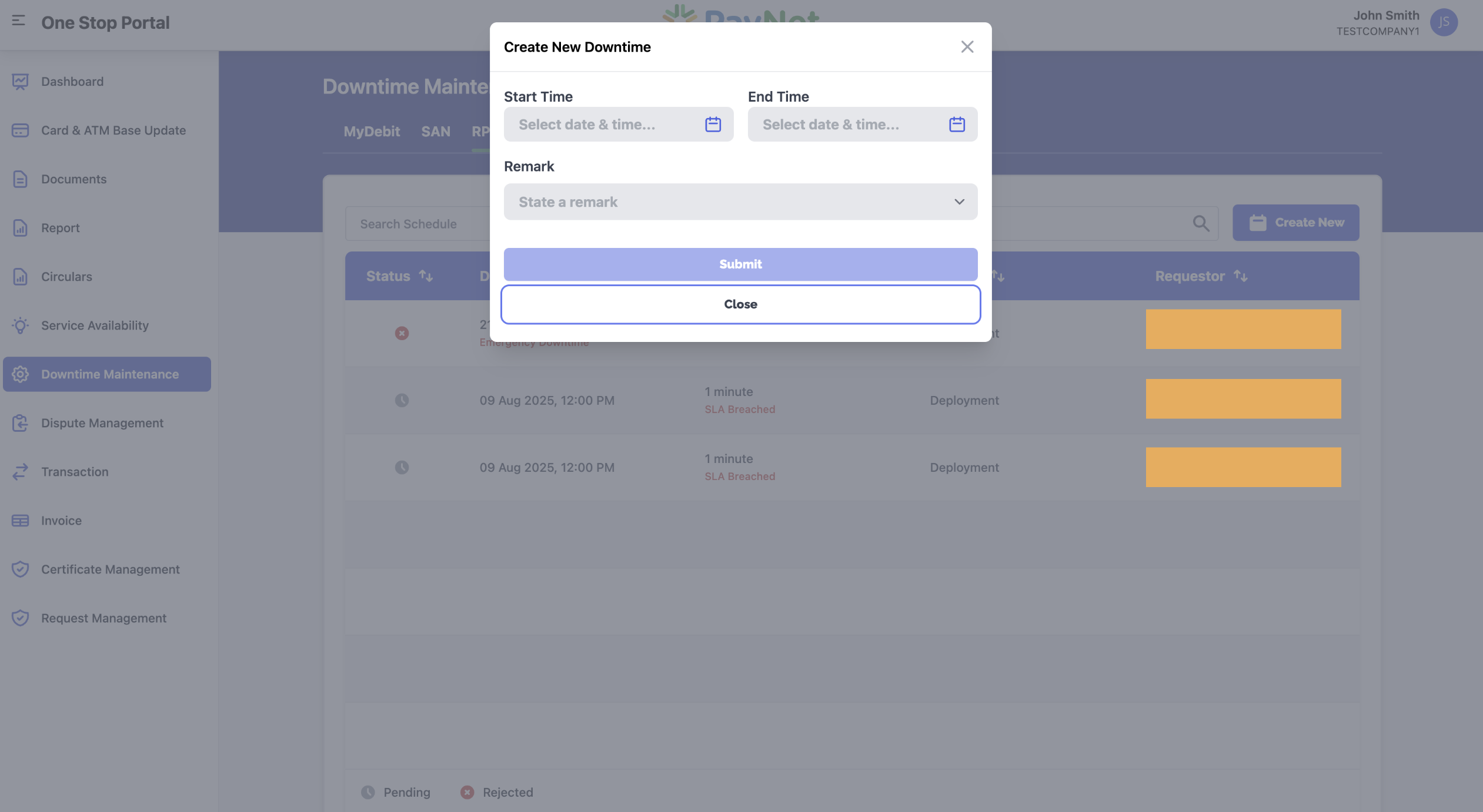 Create an RPP Downtime – PayNet Support